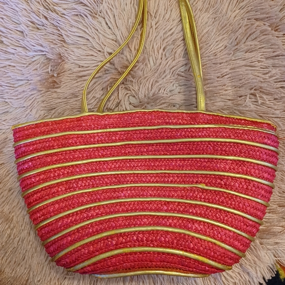 Vintage | Bags | Whimsical Vintage 7s Pink And Gold Woven Raffia Straw ...